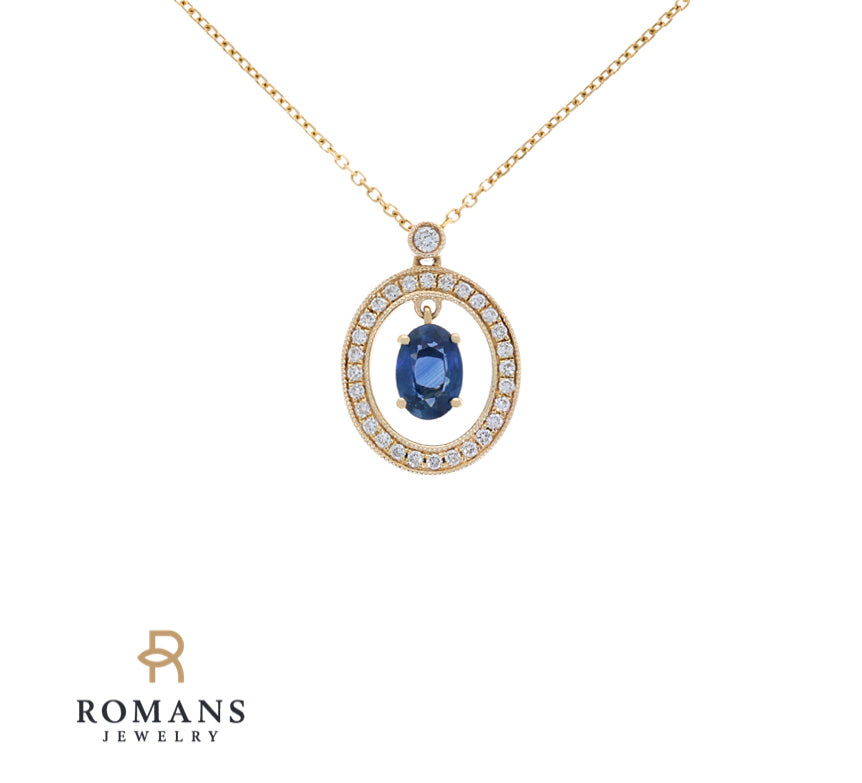 Blue Sapphire Floating Diamond Halo Necklace 14K Yellow Gold – Romans ...