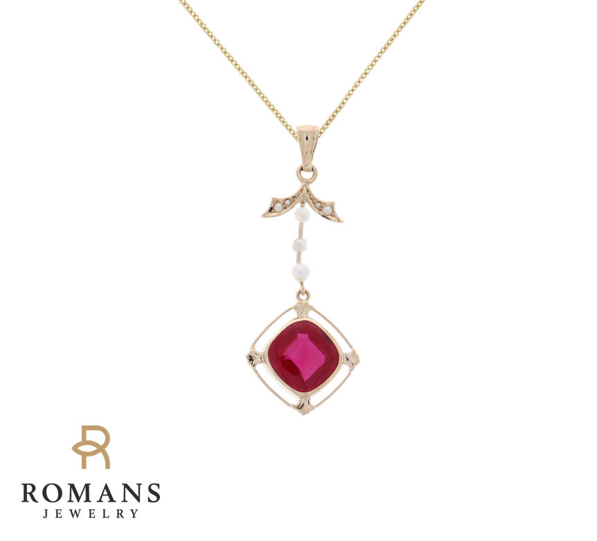 Lavalier Synthetic Ruby Pendant 14K Yellow Gold – Romans Jewelry