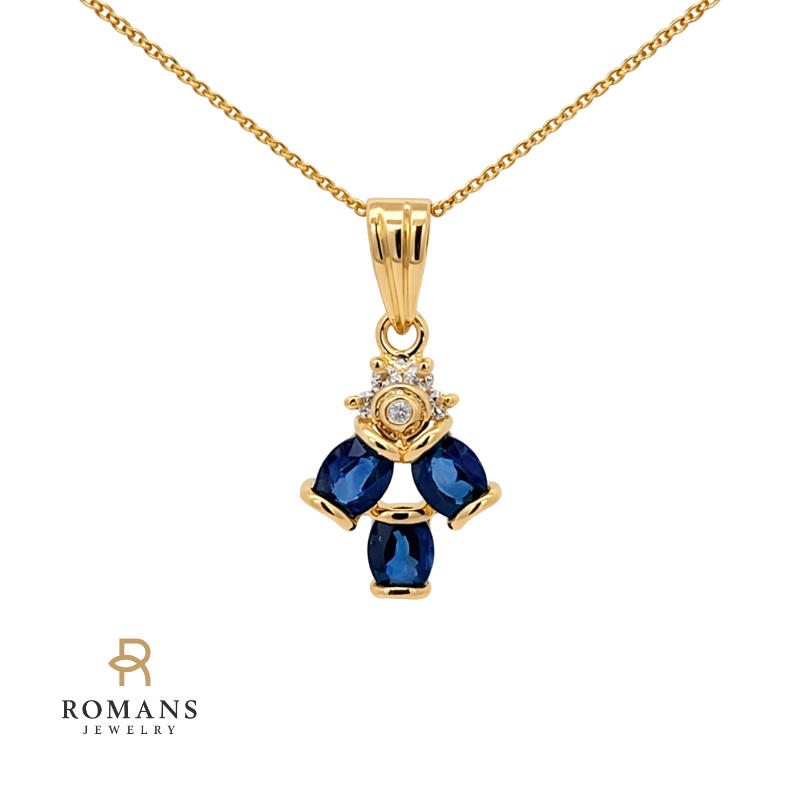 Blue Sapphire 3-Stone Diamond Necklace 18K Yellow Gold – Romans Jewelry